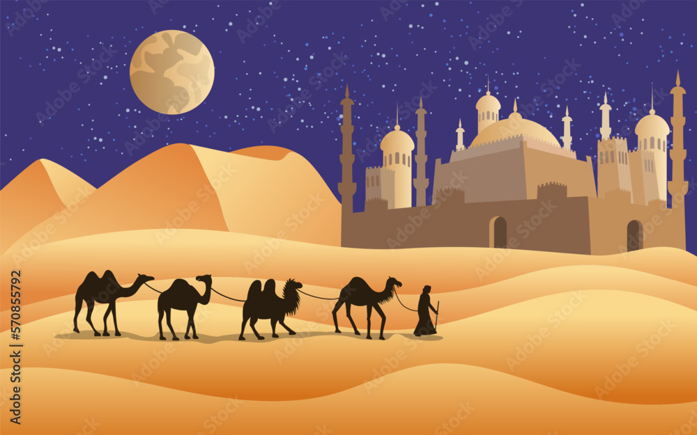 Arabic camels in desert, ramadan scene. Arabian travel in sunset landscape, celebration in sand ...