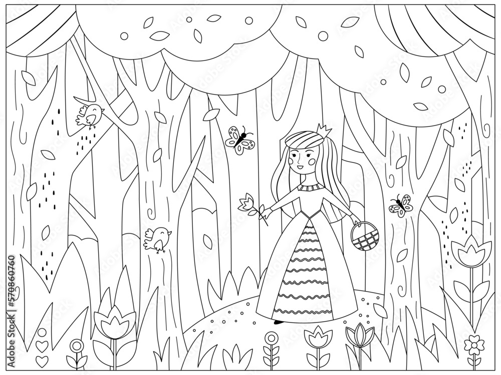 Coloring page with princess. Fairy tale cartoon character. Forest ...