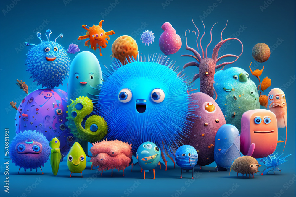 3d cartoon character cute set of many strains of pathogens, on blue ...