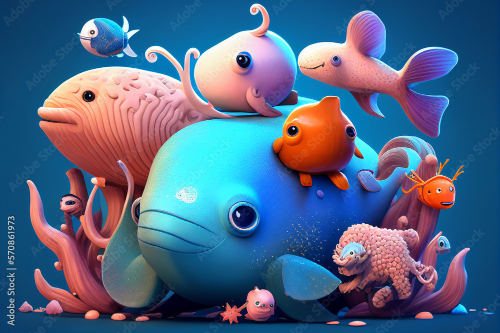 3d cartoon character cute fish in aquarium sea animals on blue ...