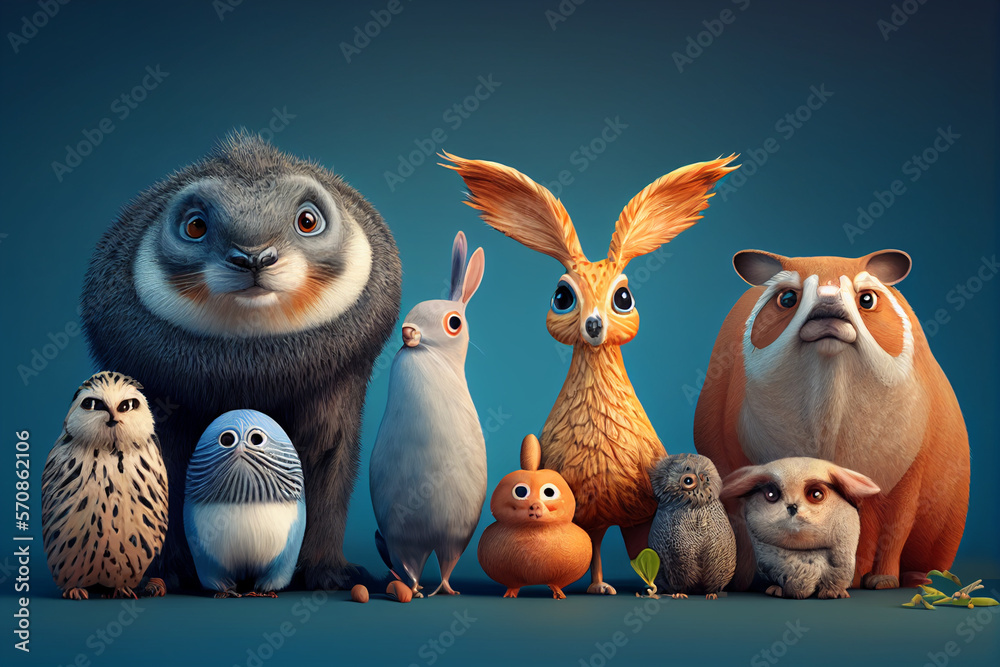 3d cartoon character cute group of animals on blue background, image ai ...