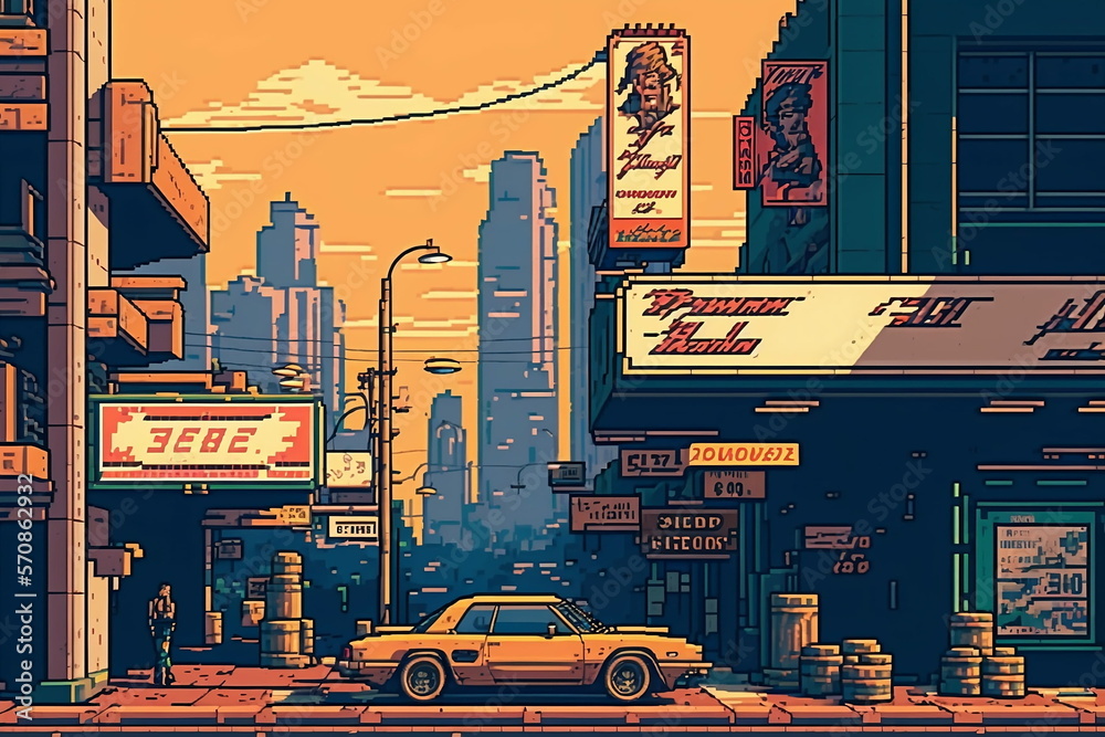 Retro city in pixel art style Stock Illustration | Adobe Stock