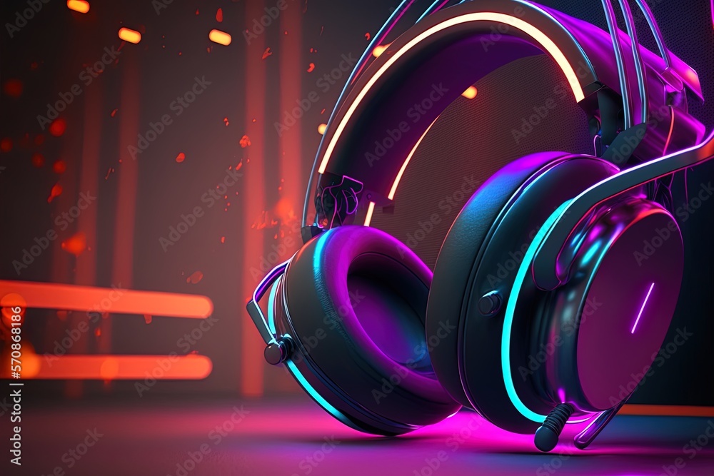Neon lights focus in on a pair of wireless headphones hanging from the ...