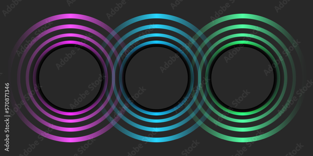 Three large circles pattern with effect ripples colorful halftone neon ...
