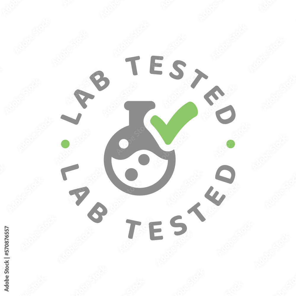 Lab tested vector with flask and checkmark. Laboratory approved label ...