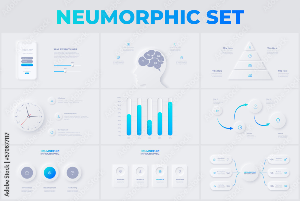 Set of light neumorphic infographic slides. Business data visualization ...