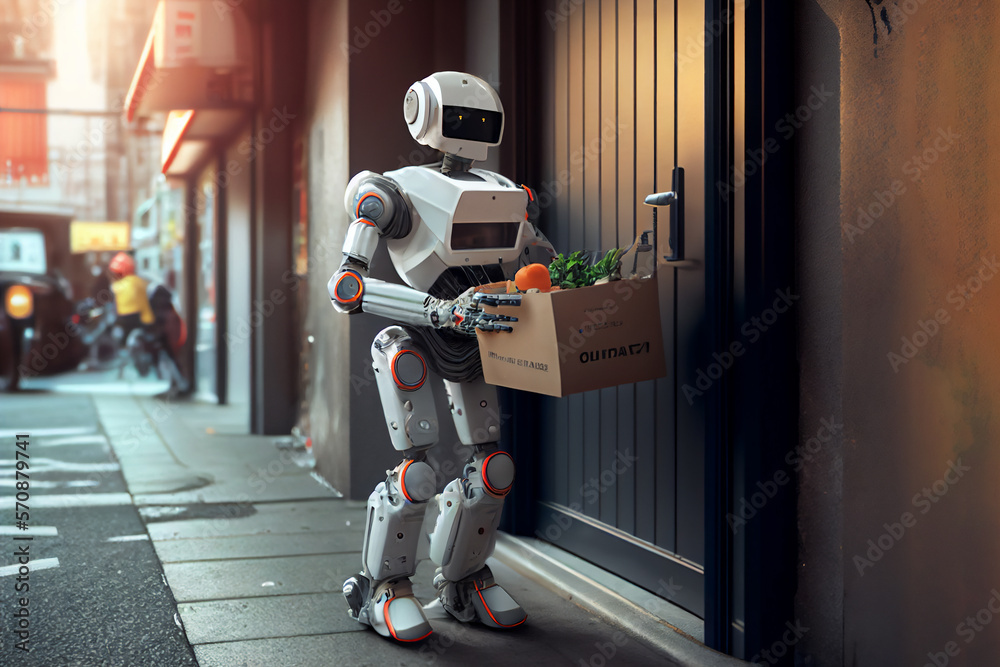 Humanoid robot courier delivery service, delivering groceries to a ...
