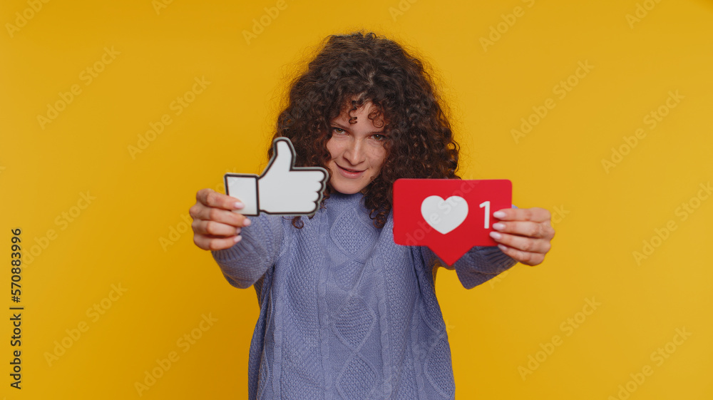 Like Curly Haired Woman Raises Inscription Thumbs Up Banner Thumbs Up