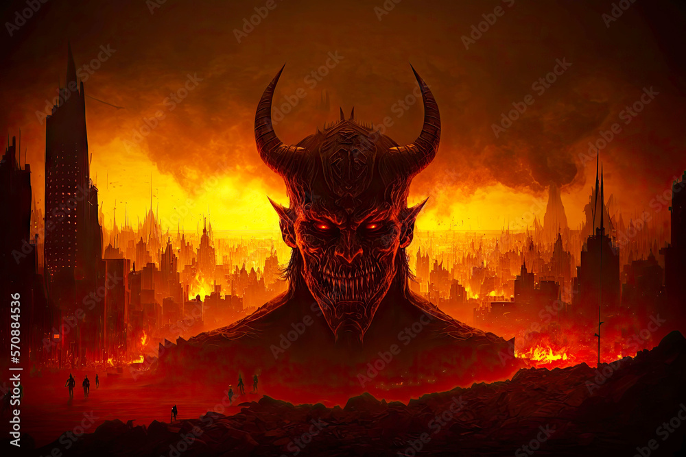 hellish landscape with burning city, devil in hell and evil spirits ...