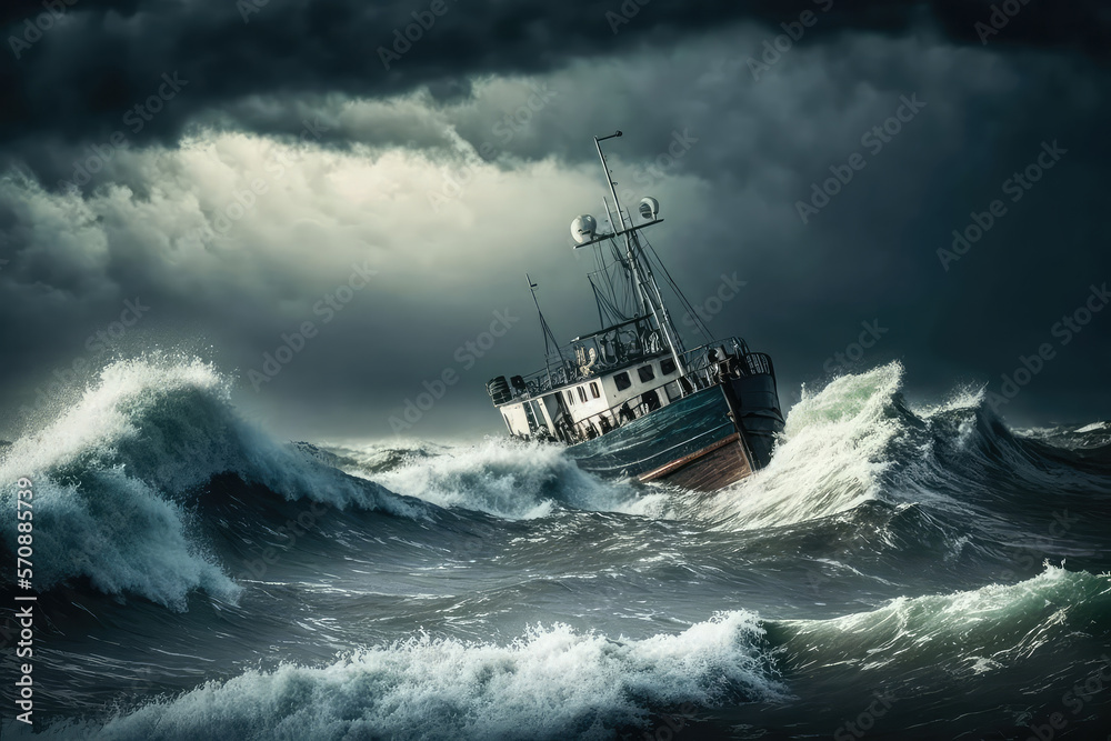 fishing boat navigating during a storm. Thunder, rain big waves on the ...