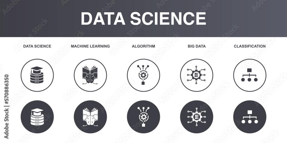 Vetor de Data science, machine learning, Algorithm, Big Data, Classification, icons set design ...