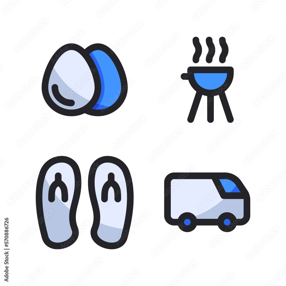 Adventure icons set = egg, bbq, flip flop, van car. Perfect for website ...