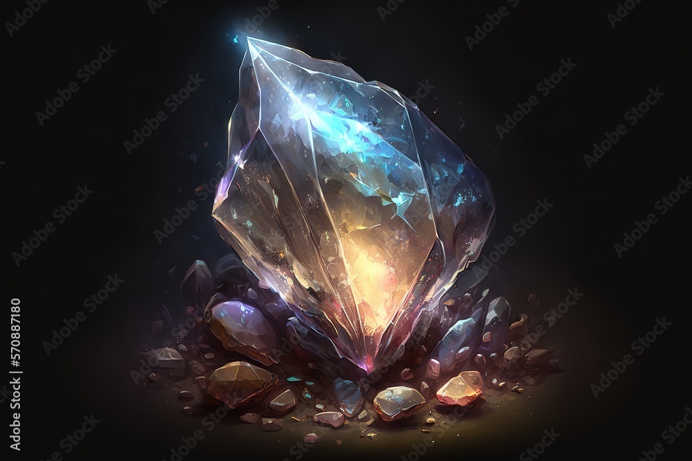 Crystal gem stone clusters with glowing light aura, quartz or ...