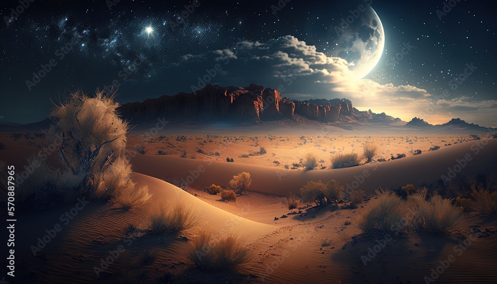 a desert scene with a full moon in the sky and a desert landscape with ...