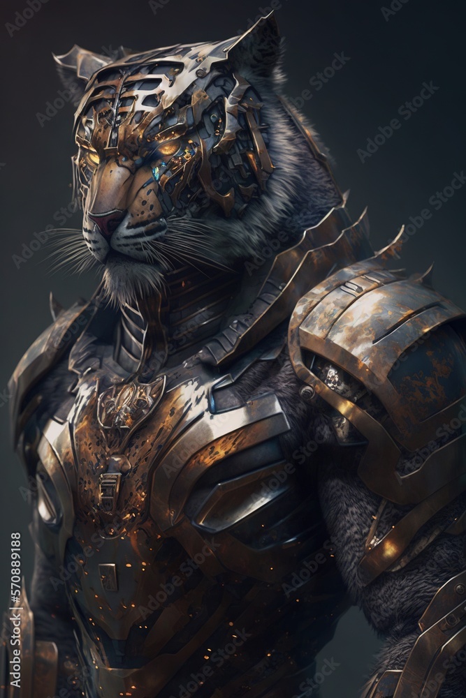 a tiger in a suit of armor with a helmet and a chain around its neck ...