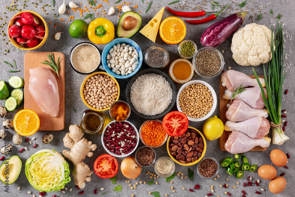 Healthy food vegetables, fruits grains, nuts, cereals and fruits, top ...