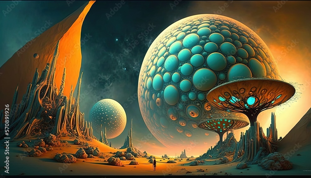 a painting of an alien land with a tree and a man standing in front of ...