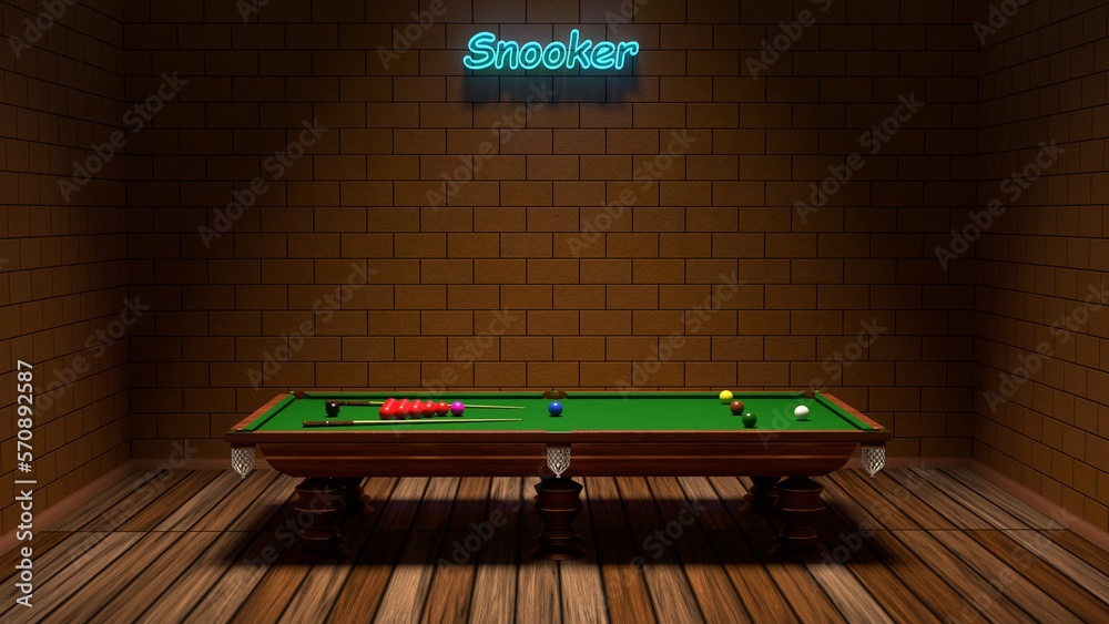 Billiard table, in a room with parquet and wallpaper with a brick ...