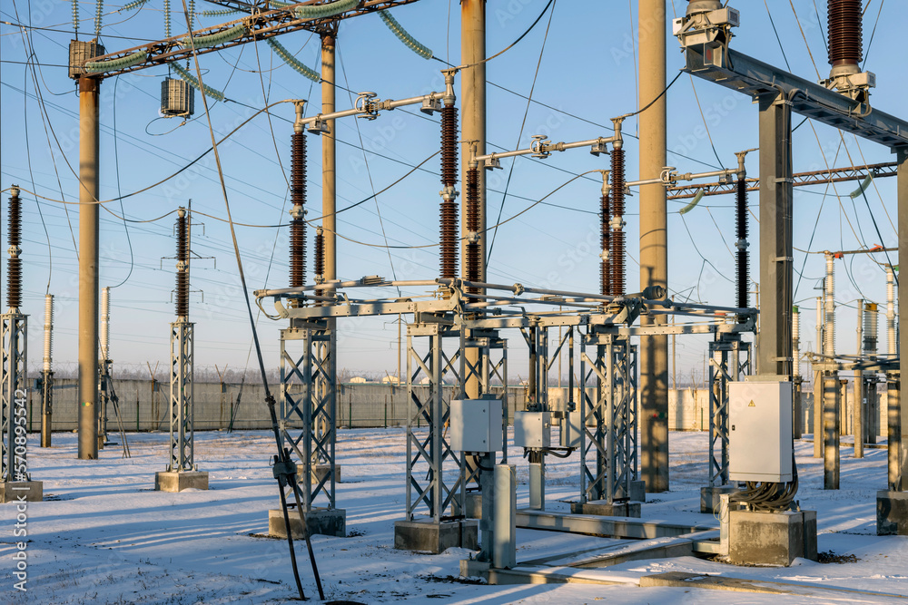 part of a high voltage substation with switches and disconnectors in ...