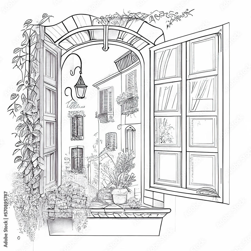 Italy. Street in Roma - sketch illustration for coloring book. Stock ...