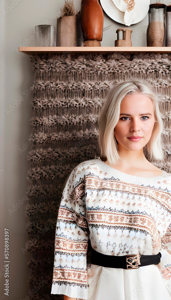 Blonde icelandic girl standing in a nordic designet apartment wearing ...