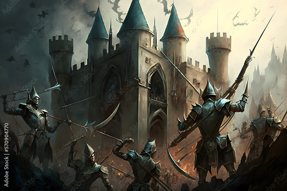 Knights fight storming old castle, dramatic mood. Generation AI Stock ...