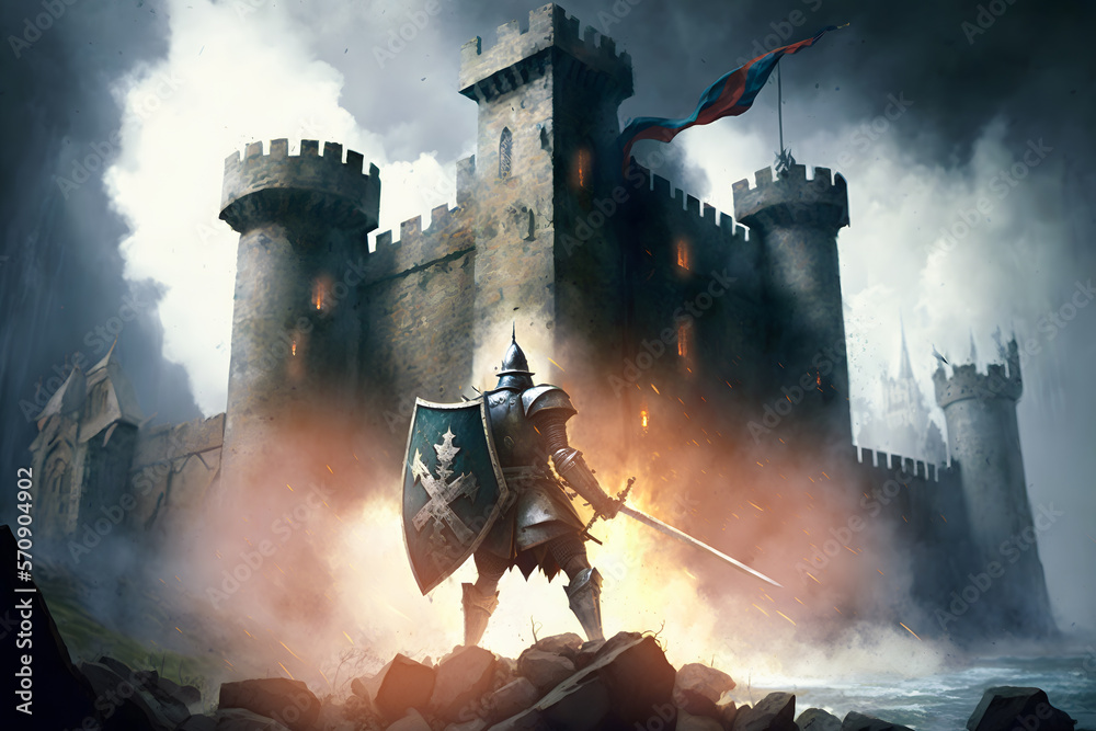 Knights fight storming old castle, dramatic mood. Generation AI Stock ...