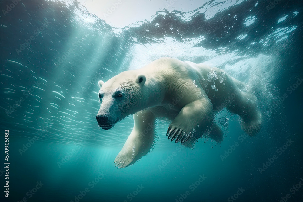 Large polar bear submerged and diving to hunt under water in the ocean ...
