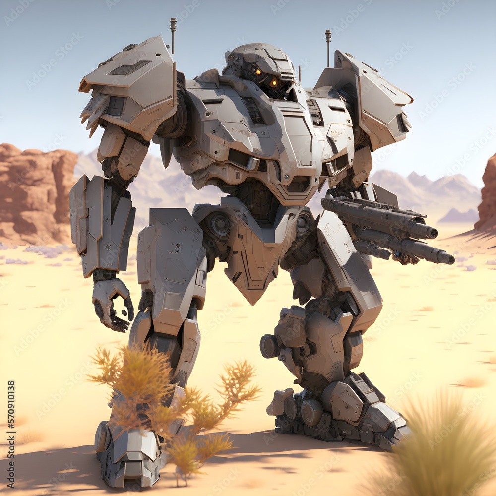 grey utilitarian mech with weapons walkking pose blunt powerful ...