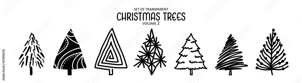 Cute hand drawn isolated black outline Christmas trees on transparent ...