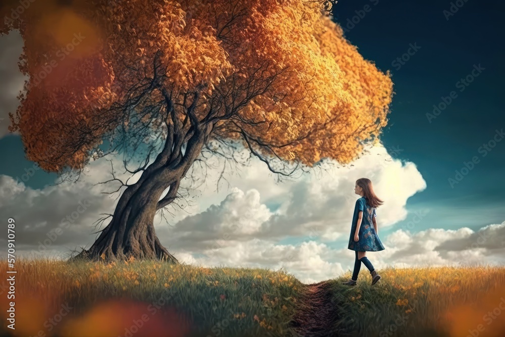 Art picture of girl have a walk outdoors on the field with tree at ...