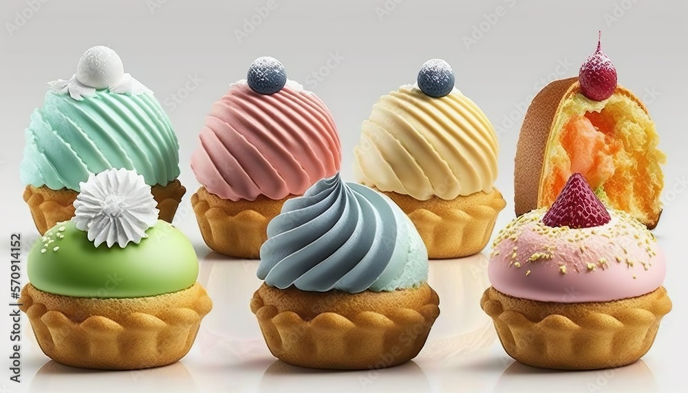 Delicious dessert set / collection of 7 colorful isolated pastel french ...