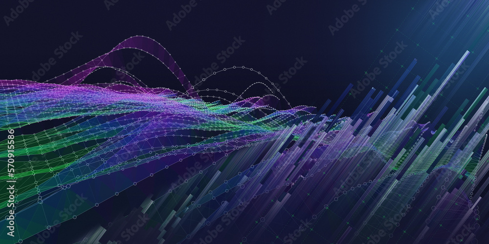 Abstract background color wavy graph from dotted guides with blurred lines on dark. Technology ...