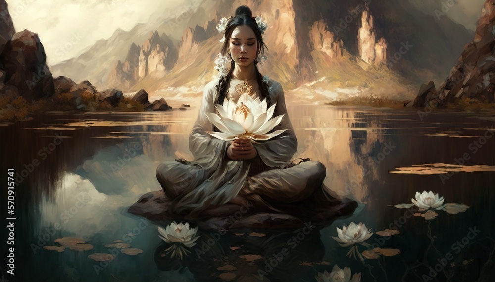 Beautiful Woman in meditation state illustration oil painting style ...