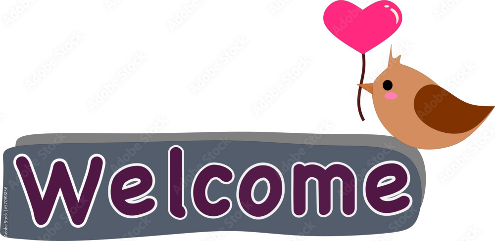 Welcome word greeting blue bird banner card invite pink heart love ...