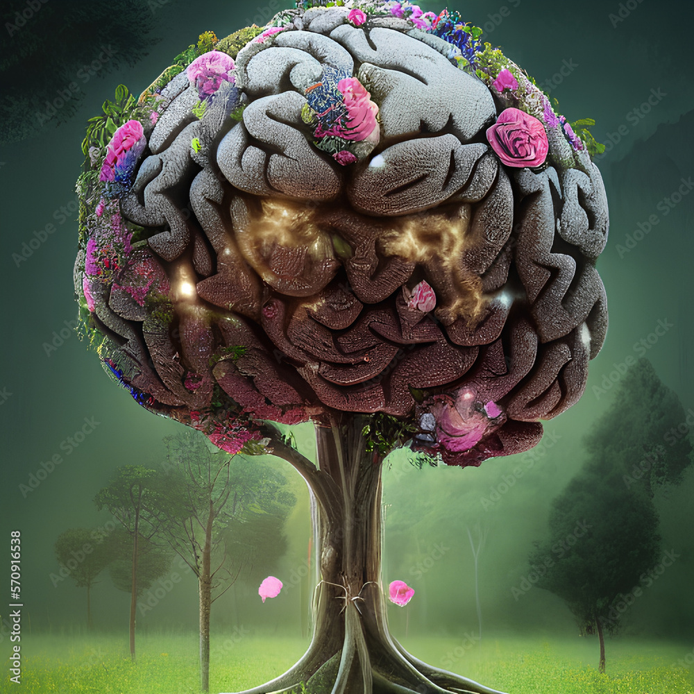 Human brain tree with flowers, self care and mental health concept ...