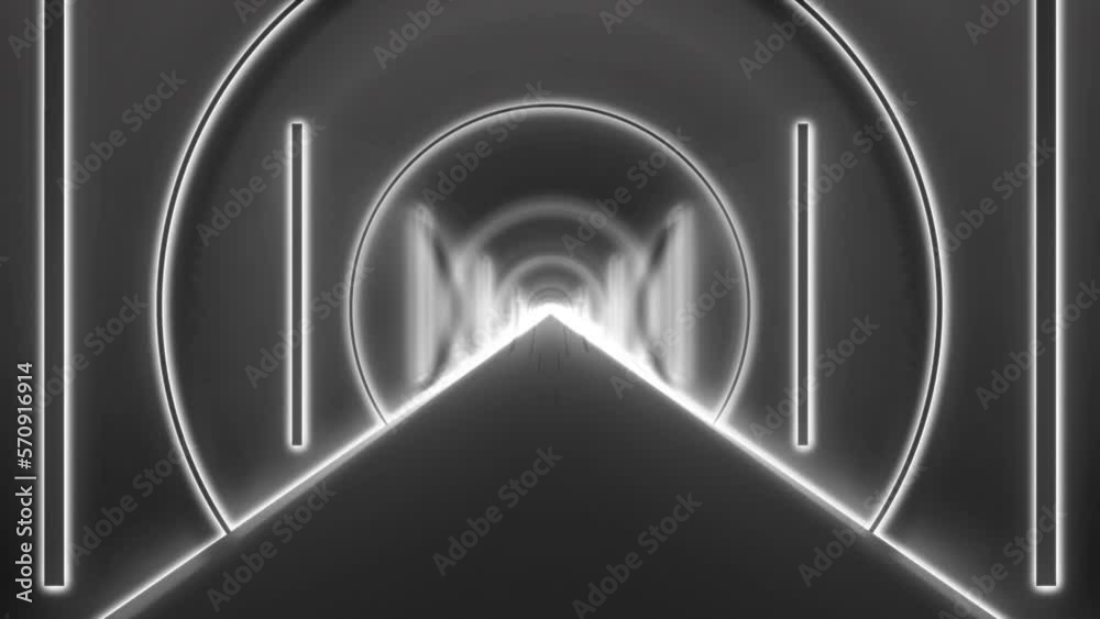 4K white and gray colored radial neon digital loop tunnel. Futuristic ...