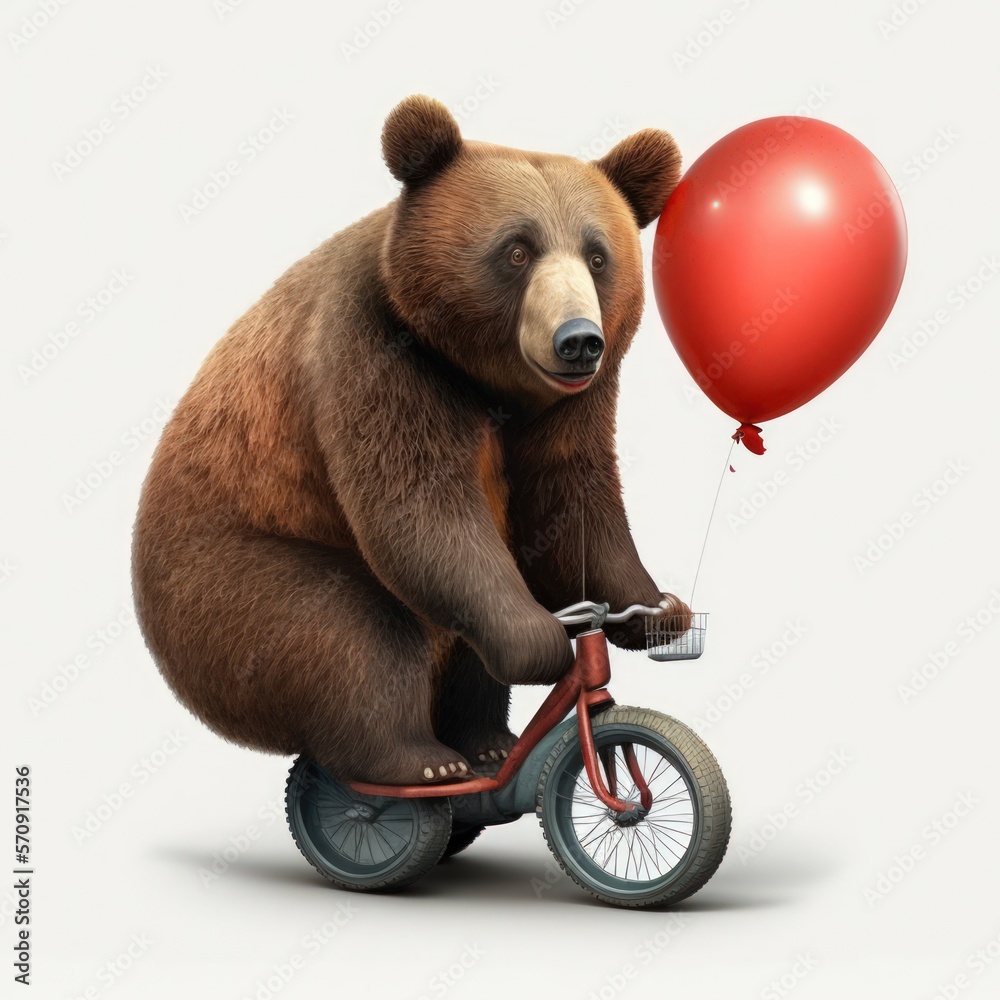 Detailed illustration of a cute grizzly bear riding a tricycle with a ...
