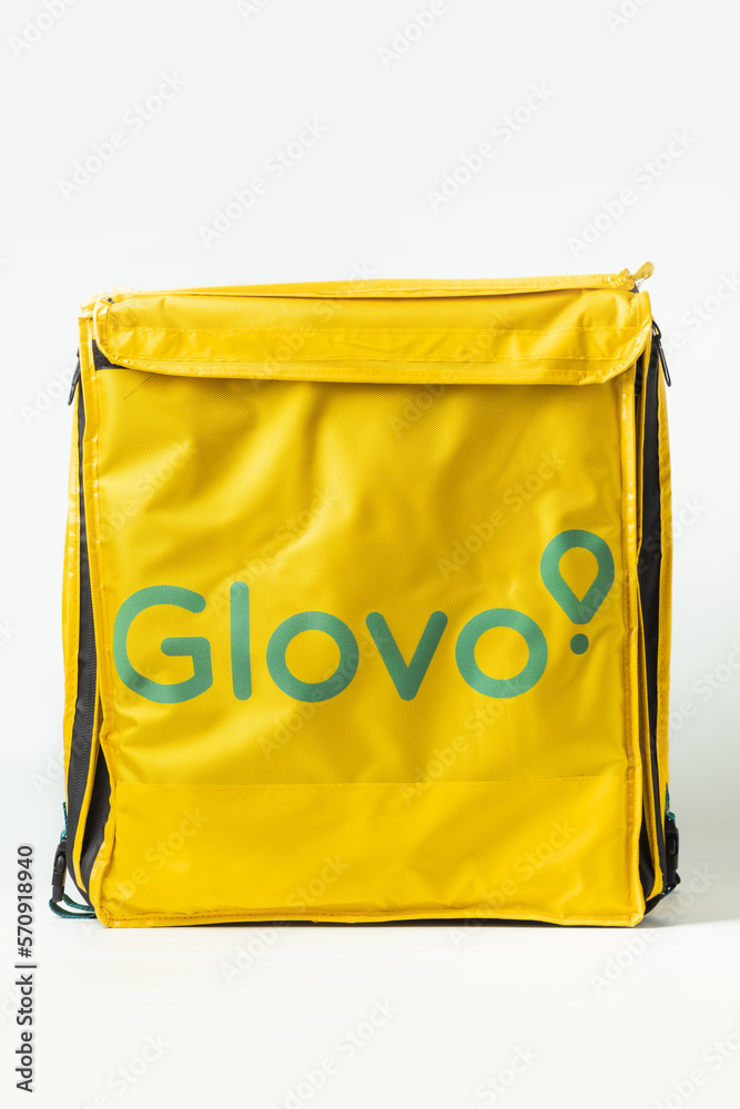 KYIV, UKRAINE - January 17: Glovo thermal yellow food bag isolated on ...
