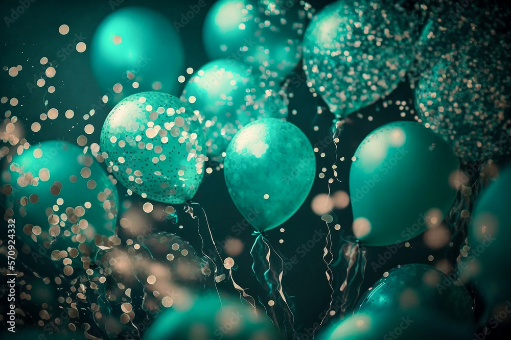 Anniversary background with turquoise balloons, confetti, sparkles ...