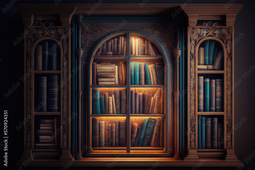 Old library with a lot of bookshelves, cabinet with many books digital illustration, magical ...