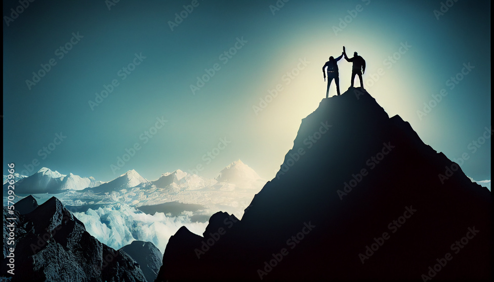 Two person on a top of mountain peak, visualisation of team success ...