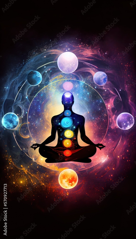 Meditating human silhouette in yoga lotus pose. Galaxy universe ...