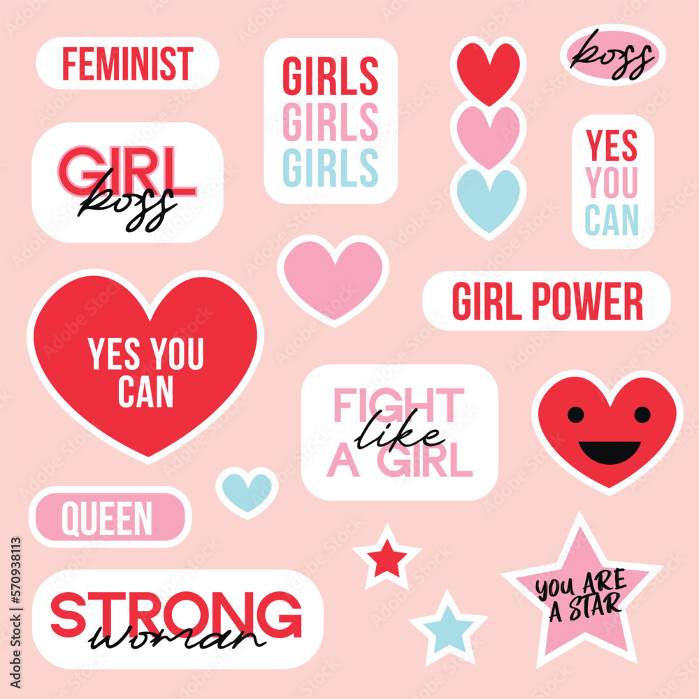 Big sticker set with girl power slogans and feminist quotes. Vector ...