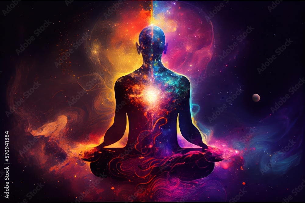 Meditating human silhouette in yoga lotus pose. Galaxy universe ...