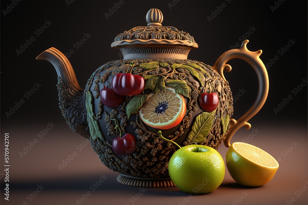 Beautiful tea kettle. Volumetric pattern of fruits, berries, citrus ...