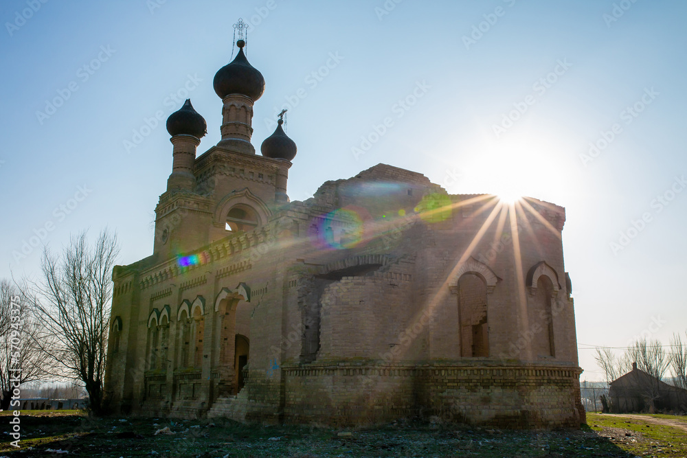 Old ruined church. Bent crosses and broken walls of the temple, ancient ...