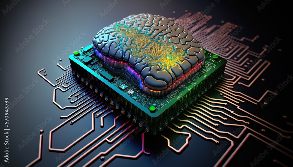 Human brain as a microchip illustration. Digitalization, business ...