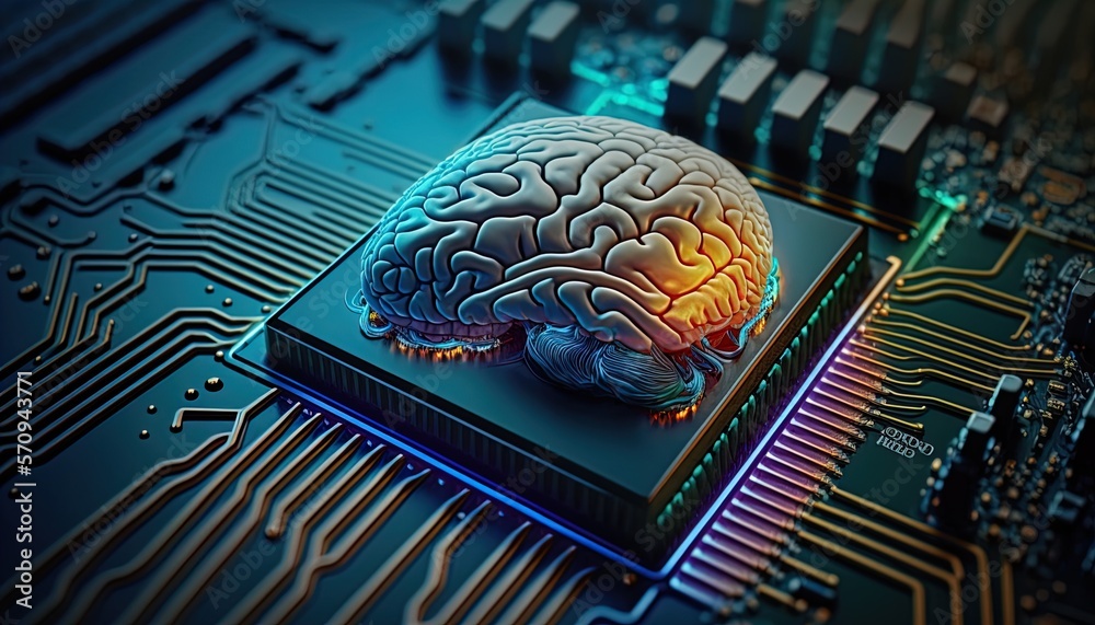 Human brain as a microchip illustration. Digitalization, business ...