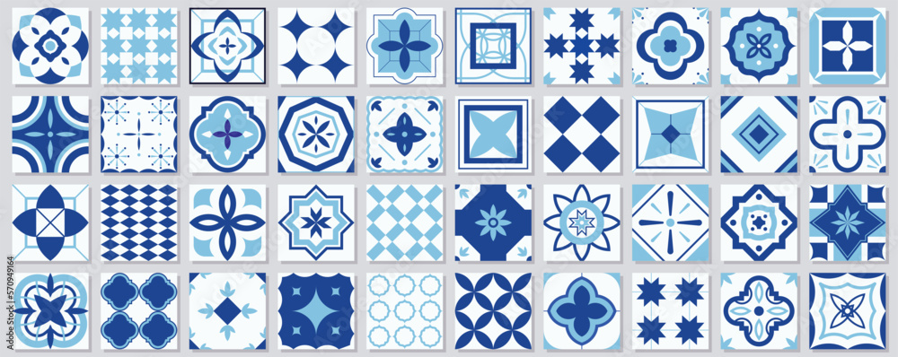 Collection of seamless geometric mosaic patterns - trendy blue tile ...
